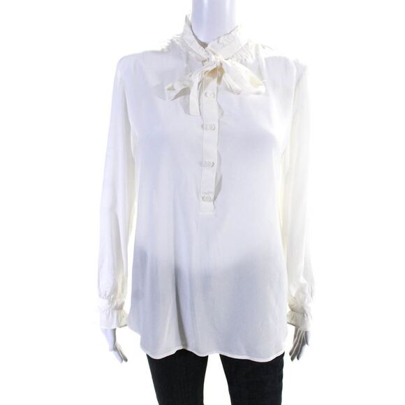 J. Crew Factory | Tops | J Crew Womens White Silk Ruffle Tie Front Long ...